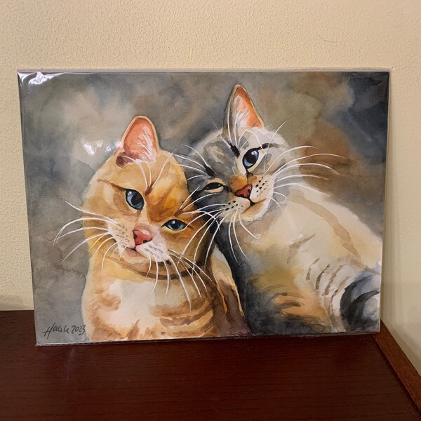 Two Tabby Cats, Artwork, Original Watercolor Painting, 9.4 X 12.6 Inch ...