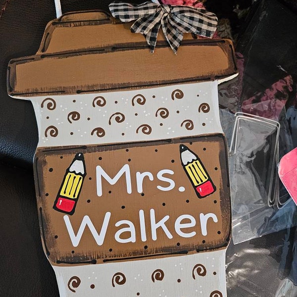 Personalized COFFEE CUP TEACHER Sign Name Wall Art School Door Hanger ...