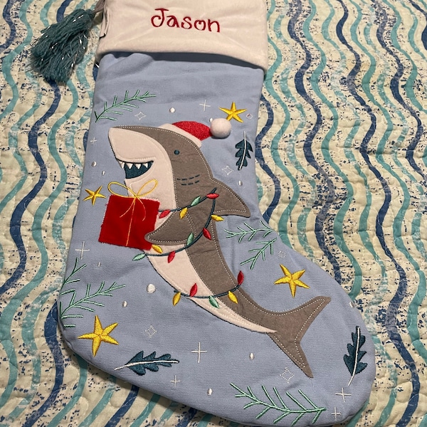 Shark Stocking, Boy Christmas Stocking, Blue Christmas Stocking, Baby's ...