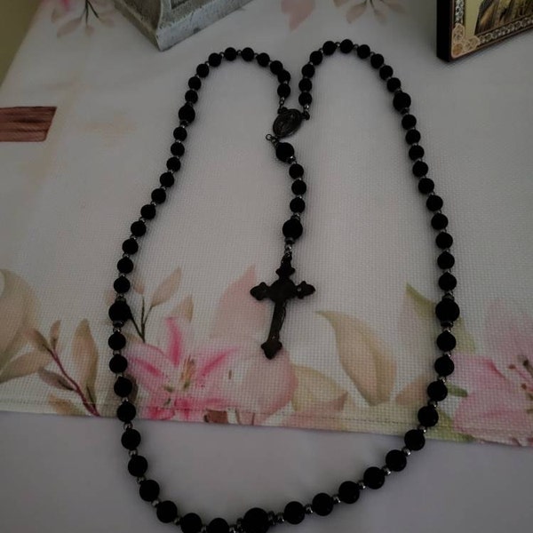 Mens BLACK Onyx 24" Rosary Papal Cross Ferula Catholic Necklace BLACK ...