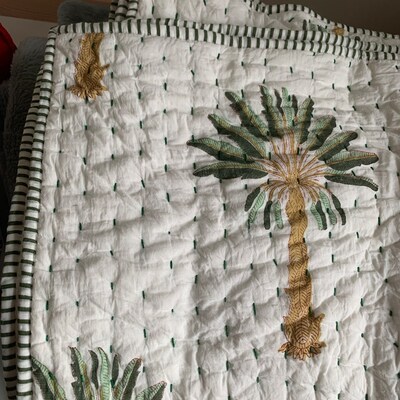 Hand Block Print Palm Tree Queen Quilt, Cotton Blanket Handmade ...