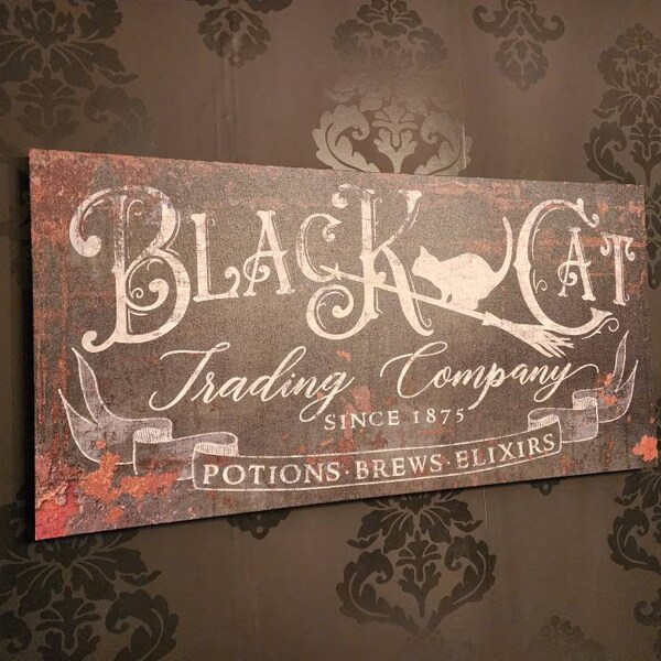 Black Cat Trading Company Halloween Sign – Rustic Creepy Fall Holiday ...