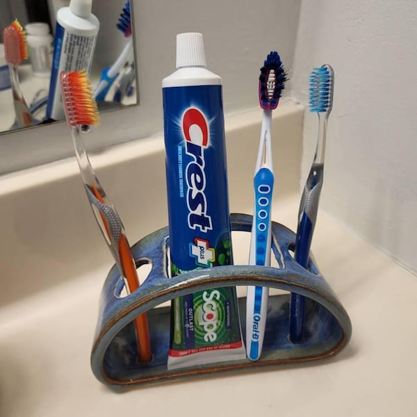 Toothbrush - Toothpaste Holder Lapis Blue and Cappuccino Brown- 2 ...