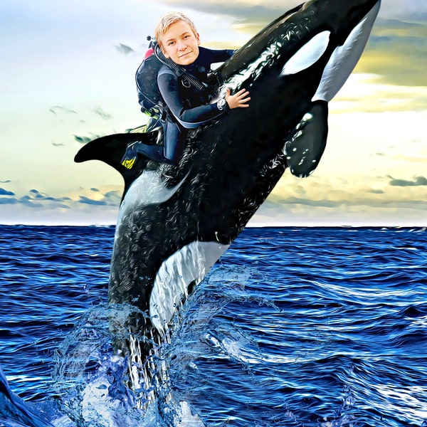 Personalized Kid Riding an Orca, Whale Animal Art, Custom Portrait From ...