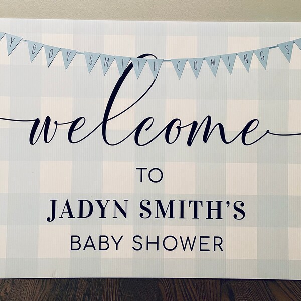 Blue Gingham Welcome Sign, Boy Baby Shower Pale Blue Check Welcome Sign ...