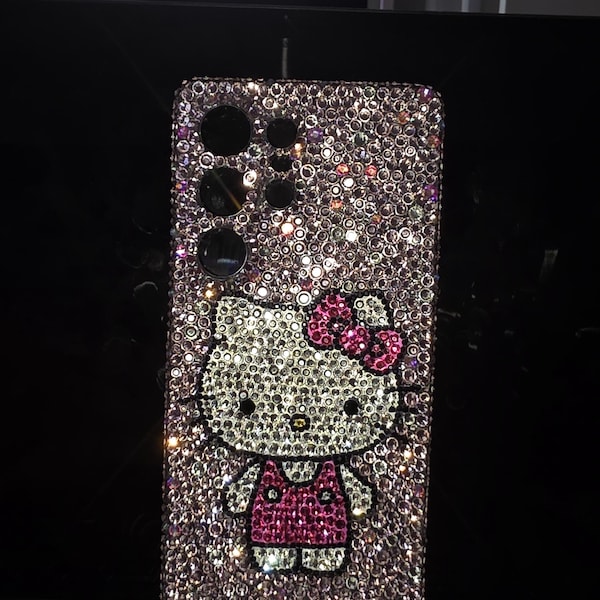 Handmade Blinged Out Glass Rhinestones Pink Bow Kitty Cell Phone Case ...