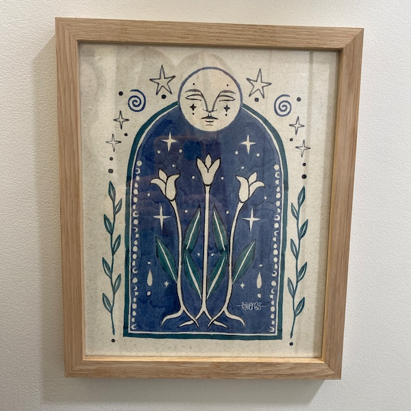 Spiritual Art Print Moon Phase Illustration Boho Gift Idea Blue Folk ...