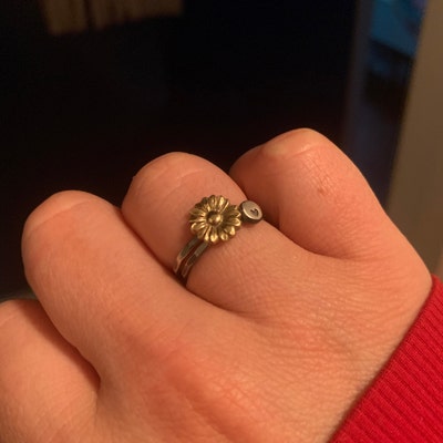 Yellow Sunflower Ring, Sweet Sunflower Stack Ring, Boho Sunflower Ring, Antiqued Ring, Hipster ...