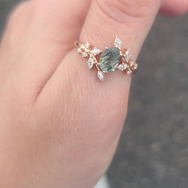 Oval Moss Agate Engagement Ring Fairy Engagement Ring Gold Nature ...