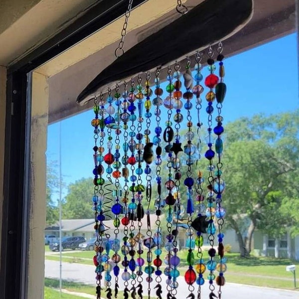 Ocean Themed Driftwood Suncatcher, Aqua Blue Mobile, Seascape Tapestry ...