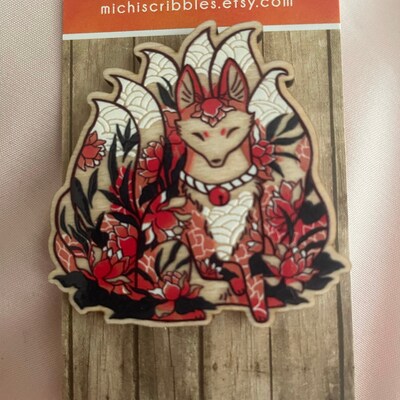 Fox Ninetails Pin. Fox Pin. Fox Brooch. Wood Brooch. Wood Pin. Kitsune ...