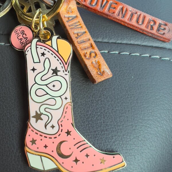 Cosmic Cowgirl Enamel Boot Keychain - Serpent Crescent Moon - Black ...