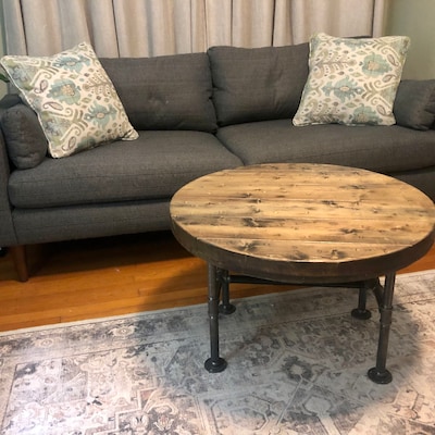 Reclaimed Distressed Round Coffee Table. Heavy Duty Iron Pipe Legs ...