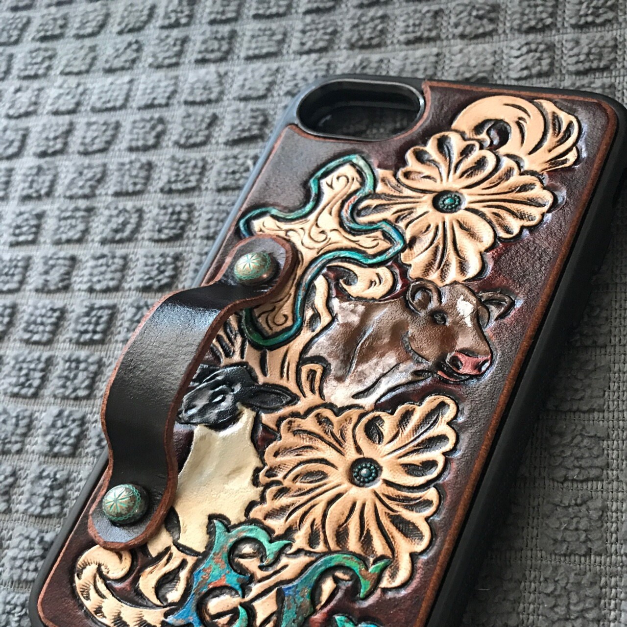 Custom Tooled Leather Phone Case with Paisley and Crosses