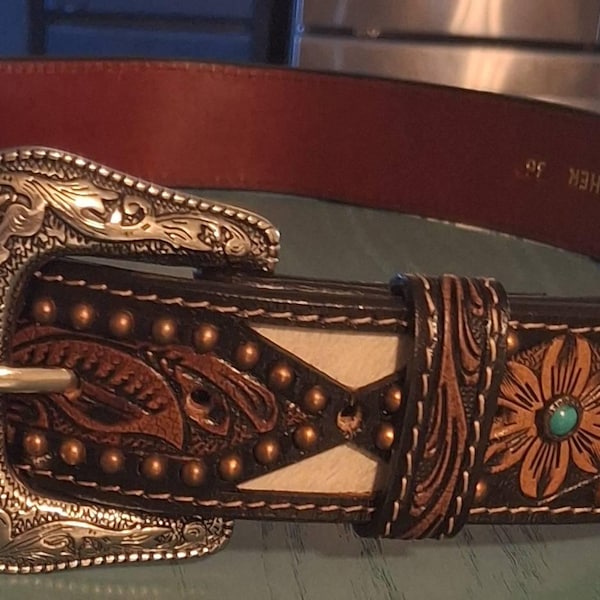 Floral Handmade Western Engraved Leather Belt With Buckle, Leather Snap ...