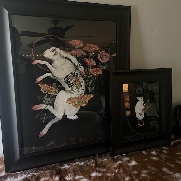 White Rabbit With Poppy Flowers- Giclee Print From Original Hand ...