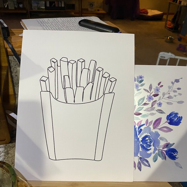 French Fries Line Art - Color Version | One Line Drawing Artwork ...