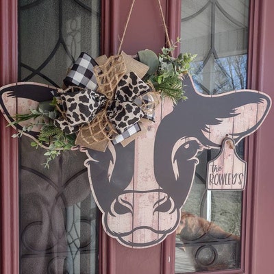 Cow Door Hanger Cow Print Wreath Cow Tag Door Hanger Personalized Cow ...
