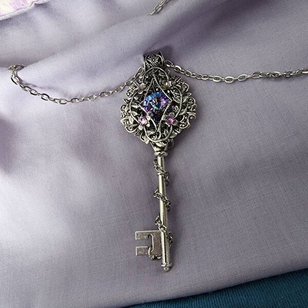 Sterling Silver Elven Key Necklace: Swarovski Crystal Floral Fantasy ...