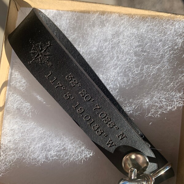 Leather Keychain GPS Coordinate Longitude Latitude Leather Key Fob ...