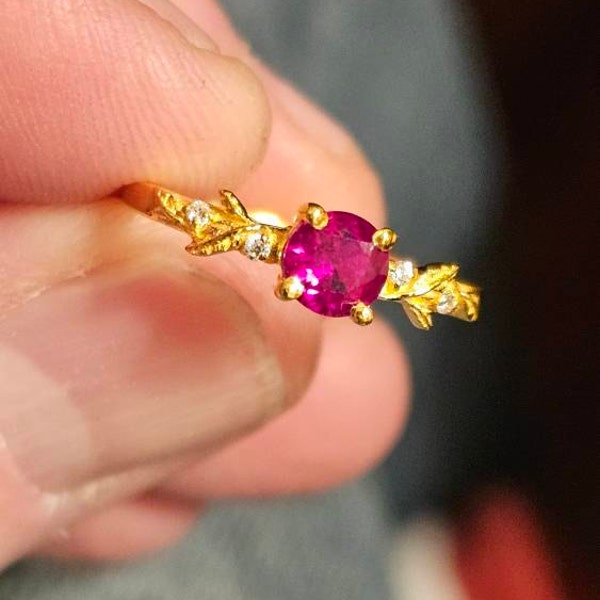 Vintage Ruby Engagement Ring Women Yellow Gold Ruby Engagement Ring Unique Red Leaf Ring Dainty ...