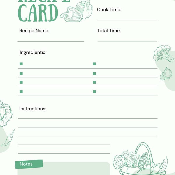 A4 Size Pack of 7 PDF Pastel Green Recipe Cards | Printable & Editable ...