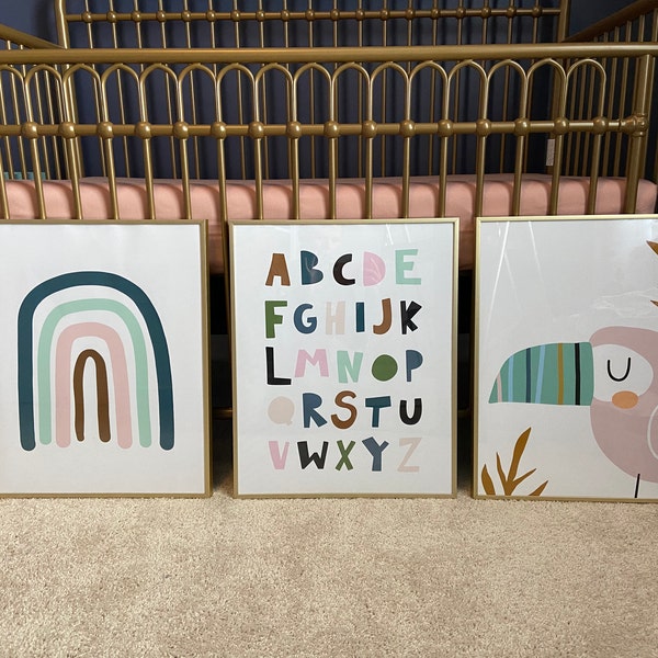 Nursery Prints, Kids Wall Art, Rainbow, Toucan, Alphabet Print, Set of ...