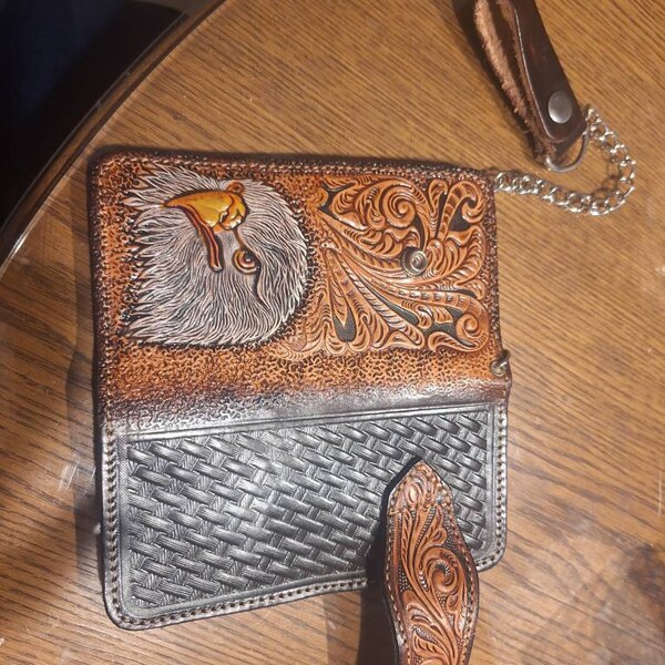 Carved Leather Biker Wallet Chain Eagle Carved Wallet Bifold Western ...