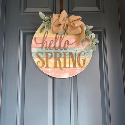 Spring Wreath, Spring Door Hanger, Round Wooden Door Hanger, Pastel ...