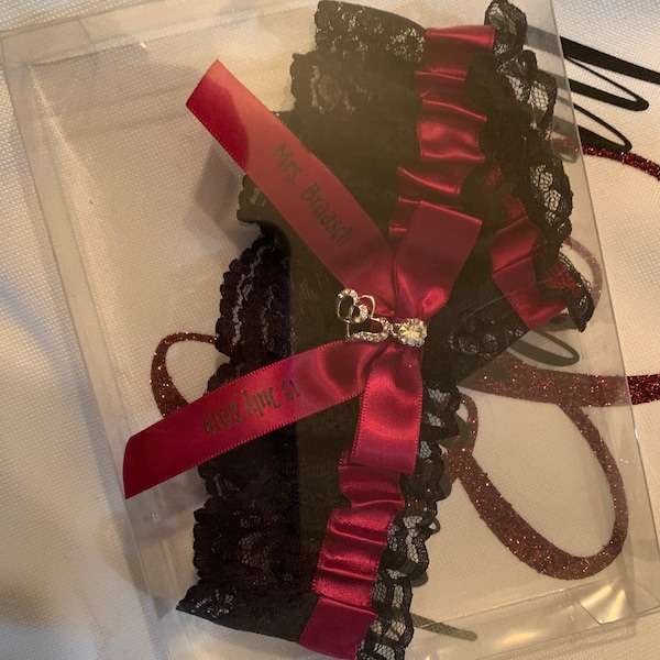 Personalized Black Lace Garter Set, Red Satin Bow, Keepsake Double ...