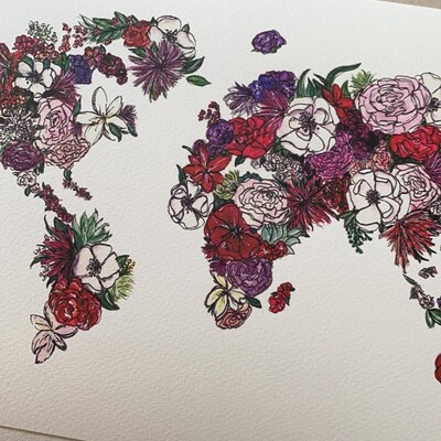 Lilac Floral World Map Watercolor Print Watercolor Sketch - Etsy