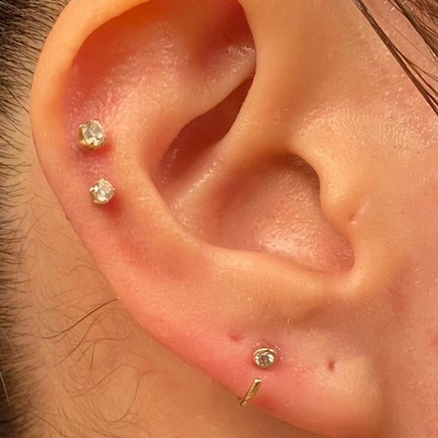 14k Solid Gold CZ Threader Hoop Earring, 18gauge, Lobe Tragus Cartilage ...