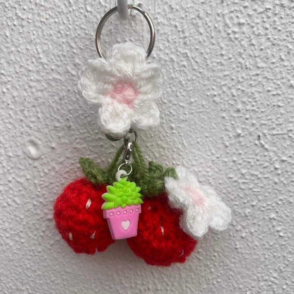 Crochet Strawberry Keychain, Strawberries and Flowers Charm, Keyring ...