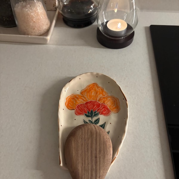 Floral Spoon Rest, Handmade Ceramic Spoon Rest, Handpainted Pottery ...