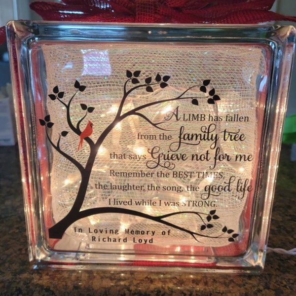 Beautiful Glass Block Memorial Keepsake - A Limb Has Fallen, Forever ...