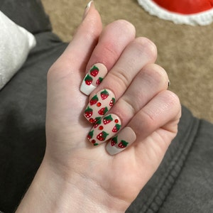 STRAWBERRY CHEESECAKE Set Luxury Press on Nails Handpainted Nails Glue ...