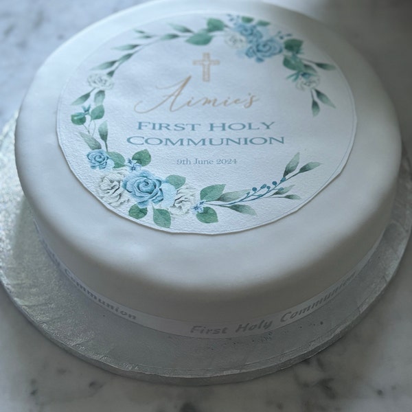 First Holy Communion Edible Cake Topper – Personalised Floral Wreath 7 ...