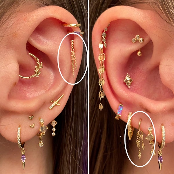 14K Solid Gold Triple Chain Attachment, Double Chain Piercing, Loop ...