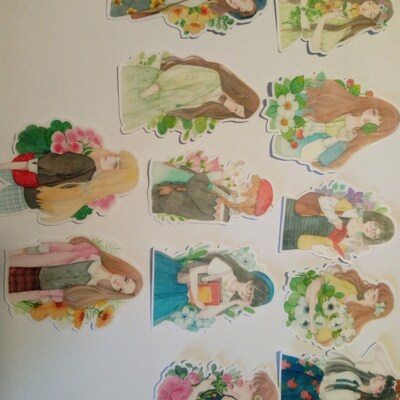 Girls Illustration Sticker Pack, Flower Girl Stickers Series C, Floral ...