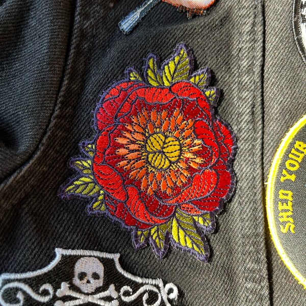 Peony Embroidered Iron on Patch - Botanical Flowers, Nature - Boho Art ...