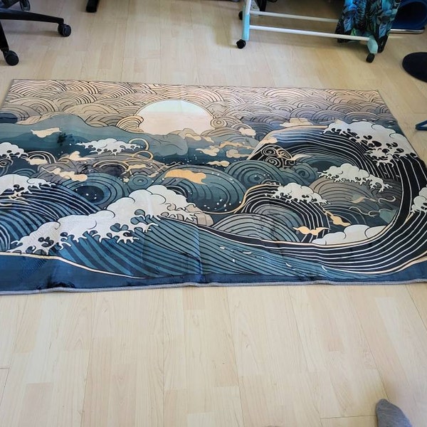 Japan Wave Rug, Fish Theme Rug, Japan Fish Rug, Blue Art Rug, Blue ...
