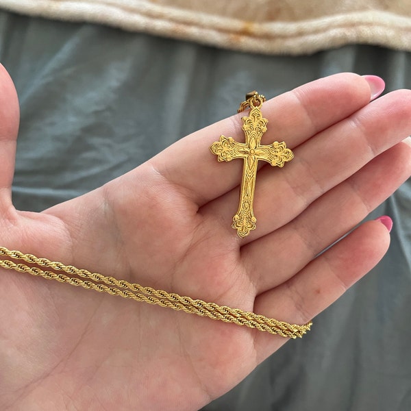 Mens Necklace - Vintage Gold Cross Necklace - Large Cross Necklace Men - Crucifix Pendant ...