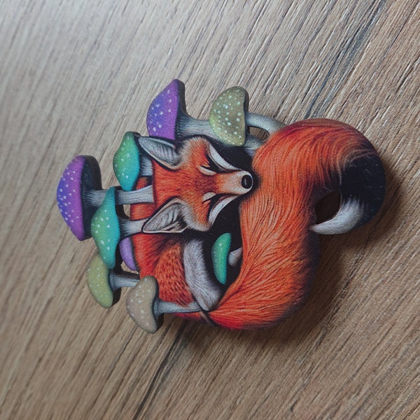 Whimsical Wooden Brooch Pin "foxy & Fungi" Gift Lasercut Jewelry Red ...