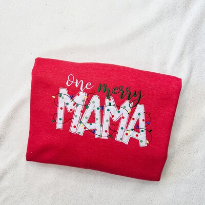 One Merry Mama Hand Lettered Cursive Applique Design Double Layer Stacked Bean Stitch Applique ...