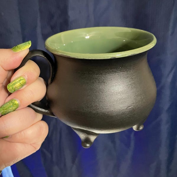 Set of 2 Cauldron Mugs - Satin Black With Green Glaze Interior - Etsy