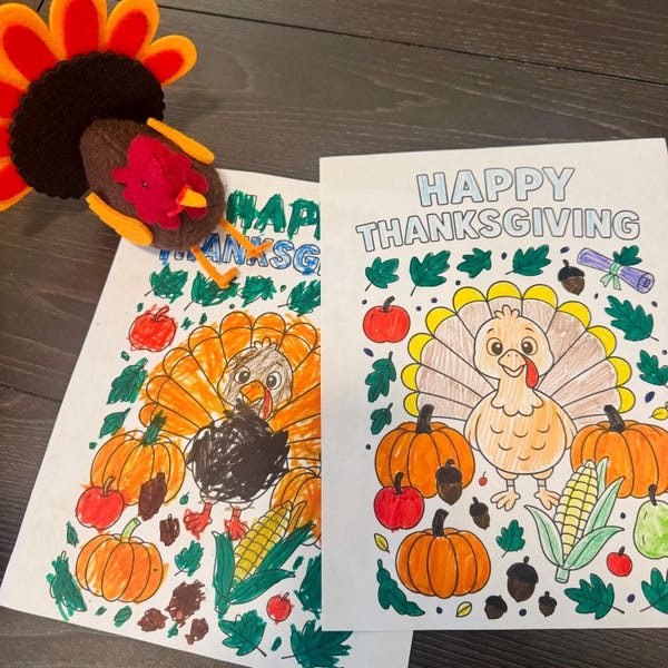 Happy Thanksgiving Coloring Page for Kids | Autumn Turkey and Pumpkins ...