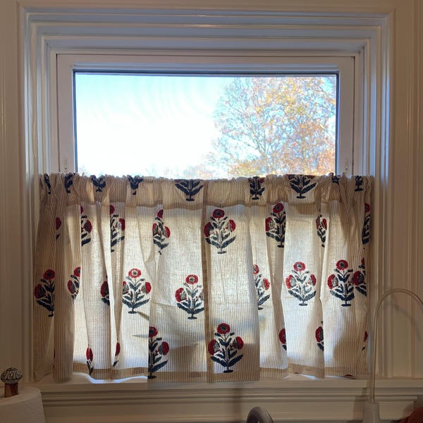 Red Blue Poppy Print Valance, Cafe Curtains, Small Size Panels, Kitchen ...