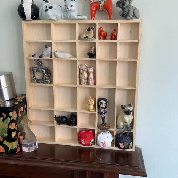 Large Wooden Trinket Display Shelf 51 Compartments Wall Hanging Unit ...