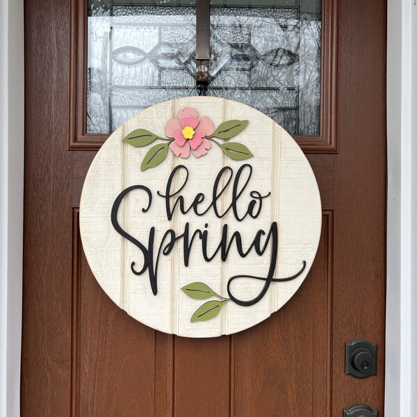 Hello Spring Door Hanger With Blush Pink Flower, Rustic Shiplap Front ...