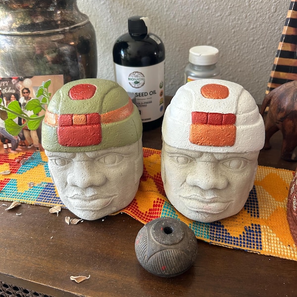 Set of 2 Tiki Moai Easter Island Head Sculpture (gray With Red Hat) - Etsy